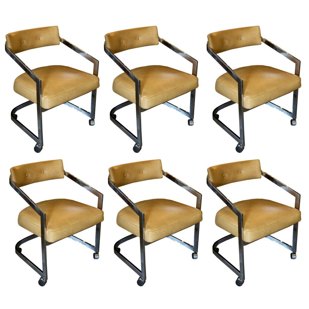SOLD – Set of 6 Chrome Milo Baughman Rolling Chairs in Camel Colored ...